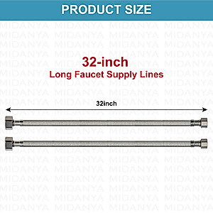 Midanya Faucet Supply Lines,32" Stainless Steel Braided Water Supply Line, 1/2" FIP x 3/8" COMP Faucet Hose, Faucet Hose Connector x 2 Pcs (1 Pair)