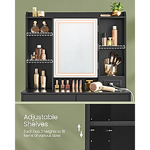 VASAGLE Vanity Desk with Power Outlets, Makeup Vanity with Mirror and Lights, Upholstered Vanity Stool, Dimmable LED Lights, 6 Compartments, 2 Drawers, for Bedroom, Ink Black URDT031B01