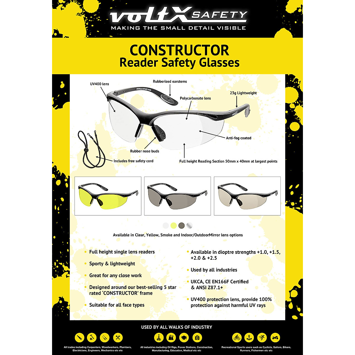 voltX 'Constructor' SAFETY READERS (CLEAR +2.0 Dioptre) Full Lens Reading Safety Glasses ANSI Z87.1+ & CE EN166F, Wraparound Style - Includes Safety Cord with headstop - UV400 anti fog coated lens