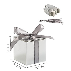 KUPOO 50PCS Favor Boxes,Candy Boxes 2.2x2.2x2.2 Inches Small Gift Boxes with Ribbons for Wedding Baby Shower Decorations Birthday Party Supplies (Silver)
