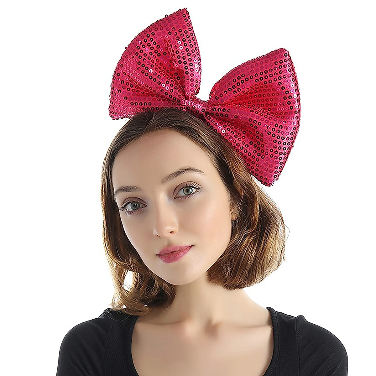 Faylay Women Sequin Big Cloth Bowknot Headband Solid Color Cute Bow Knot Headwear for Cosplay Party (6-MHSLP)