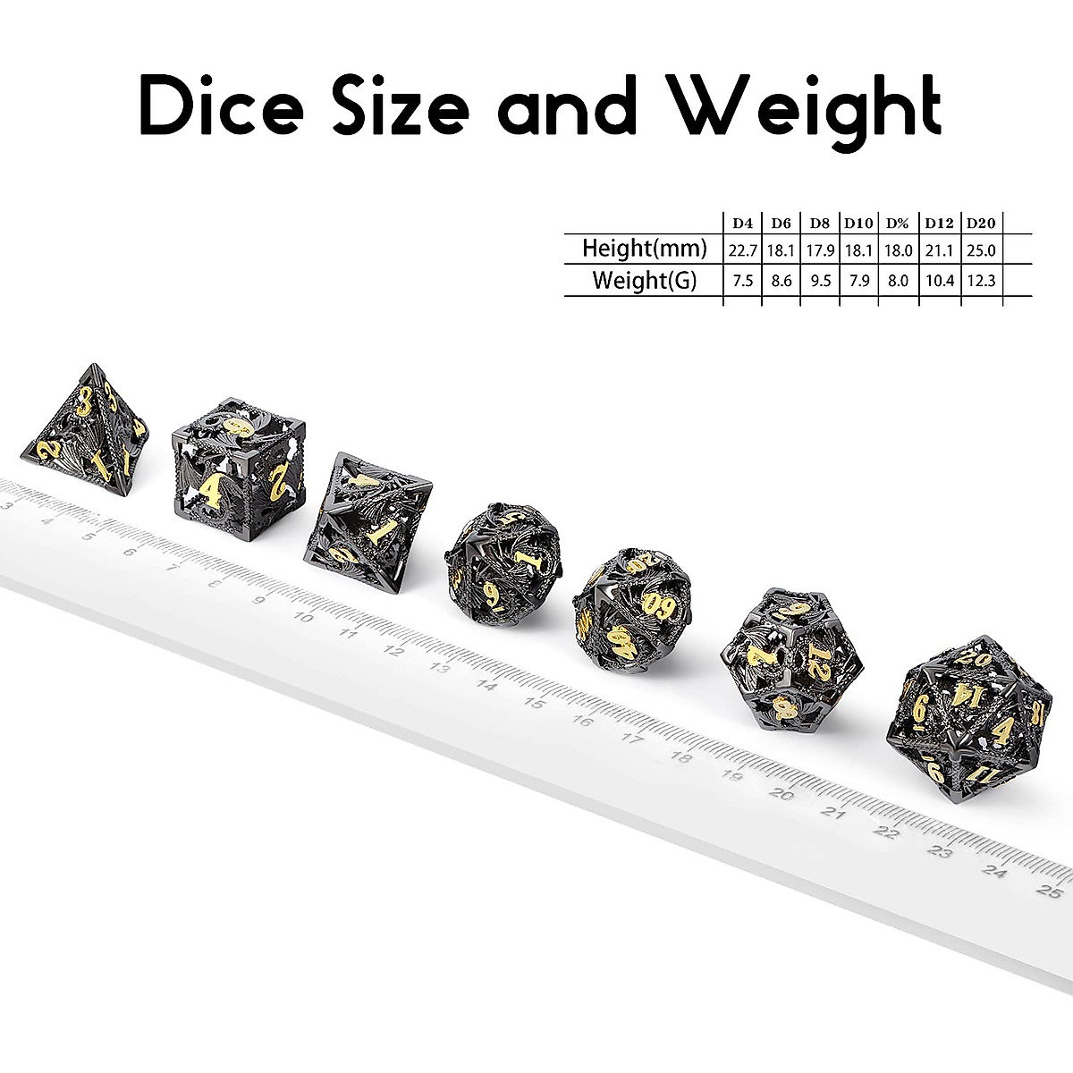 Dragon Hollow Metal DND Dice Set, DNDND 7 D&D Die Set with Metal Gift Tin for Dungeons & Dragon Game (Black with Gold Number)