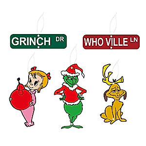 Grinch Drive & Who Ville Lane Paper Sign Grinch Tree Ornaments Christmas Grinch Ornaments for Tree Grinch Whoville Party Direction Christmas Grinch Home Birthday Party Decorations