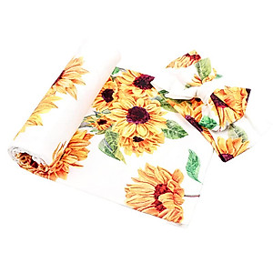 Galabloomer Newborn Sunflower Receiving Blanket Headband Set Baby Flower Rose Swaddle with Big Bow