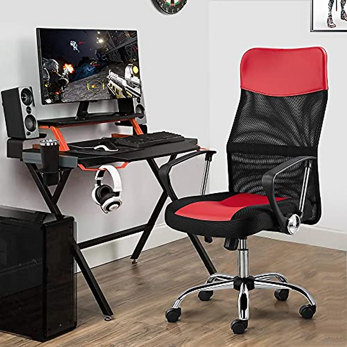 Yaheetech High Back Ergonomic Office Chair Mesh Back Swivel Task Chair Executive Rolling Chair Gaming Chair with Lumbar Support, Leather Seat