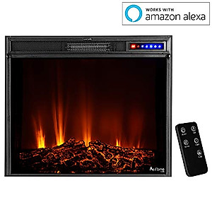 e-Flame USA Whistler LED Recessed Electric Fireplace Stove Insert with Remote - 3D Wood Burning Flame Effect - 28"x24" (Black)