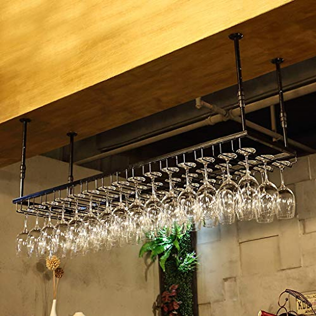 Hanging Creative Simplicity Wall Upside Down Storage Rack Wine Wrought Iron Inverted High Cup Holder J1114, PIBM, Black, 90cm*35cm