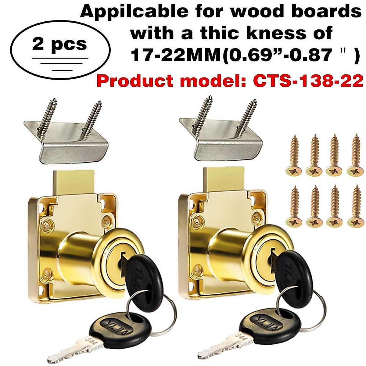 Cabinet Drawer Lock,Mailbox Lock, Model CT-138-22,for Fixing Important Documents and Drawers ((Hole Diameter 0.75inch/19MM), Suitable for Door Panels with A Thickness of 17 mm-22 mm. 2 PCS 【Golden】