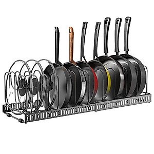 BUYGOO Expandable Pots and Pans Organizer, Pan Organizer Rack for Kitchen Countertop and Cabinet, 12 Adjustable Dividers, Pot Lid Organizer, Cutting Board Holder