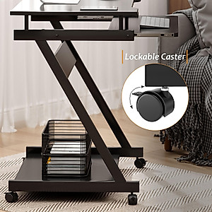 soges Small Rolling Computer Desk, Z Shape Laptop Desk Cart on Wheels, Mobile Computer Workstation for Home and Office with Keyboard Tray, Black