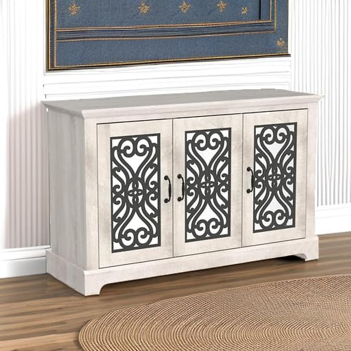 Galano Calidia 3 Door Sideboard, Kitchen Storage Sideboard Buffet Cabinet Console with Acrylic Mirror Doors & Adjustable Shelves, 15.67" D x 45.71" W x 29.29" H, Dusty Grey Oak