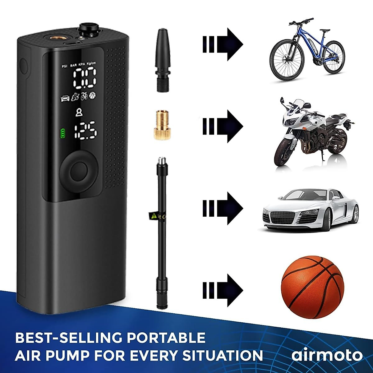 Airmoto Tire Inflator Portable Air Compressor - 3pack - Air Pump for Car Tires with Tire Pressure Gauge (120 PSI) - One Click Smart Pump Tire Inflator for Car, Motorcycle, Bicycle and More