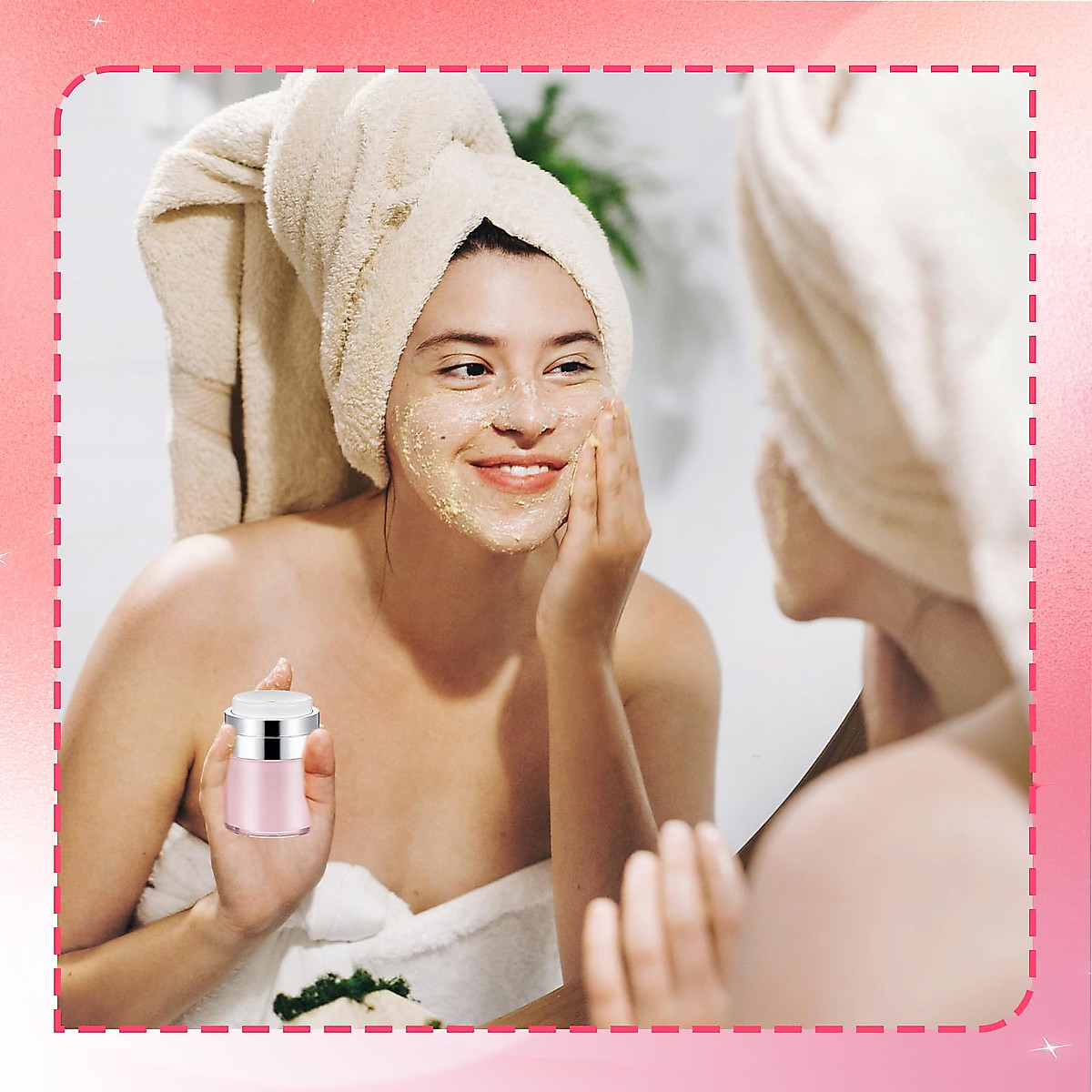 Zhehao 12 Pcs 1 Oz/ 30 ml Airless Pump Jar with Stickers Silicone Spatula Set Refillable Cream Jar Vacuum Bottle Dispenser Portable Empty Cosmetic Container Travel Size Lotion Sample Pot, Pink