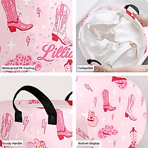 Cowgirl Boot Pink Personalized Laundry Basket Hamper,Collapsible Storage Baskets with Handles for Kids Room,Clothes, Nursery Decor