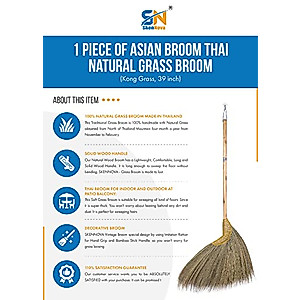 SN SKENNOVA - 1 Piece of Asian Broom Whisk Broom Thai Natural Grass Broom Solid Wood Handle Rattan Hand Grip (Kong Grass, 39 inch)