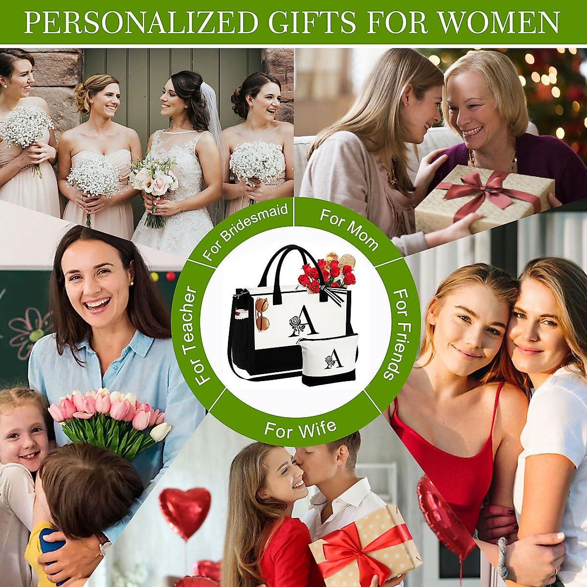 YOOLIFE Retirement Gifts for Women - Initial G Monogrammed Beach Tote Bag with Zipper Makeup Bag Personalized Birthday Gifts Women Her Mom Teacher Friends Female Sister Bridal Shower Bridesmaid Gifts