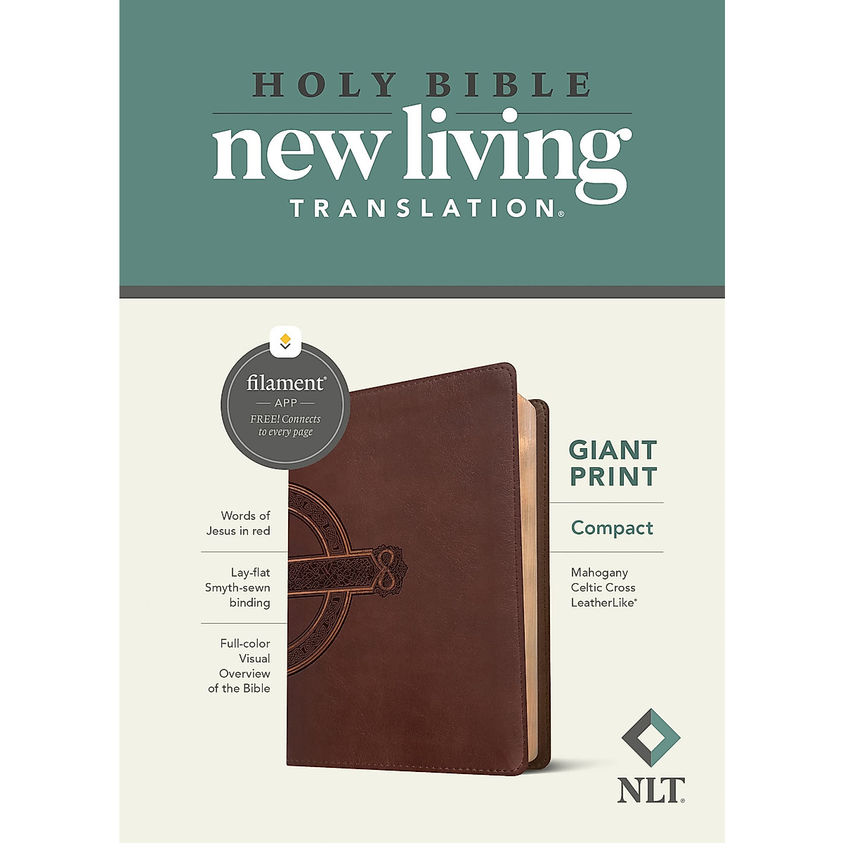 NLT Compact Giant Print Bible, Filament Enabled (LeatherLike, Mahogany Celtic Cross, Red Letter)