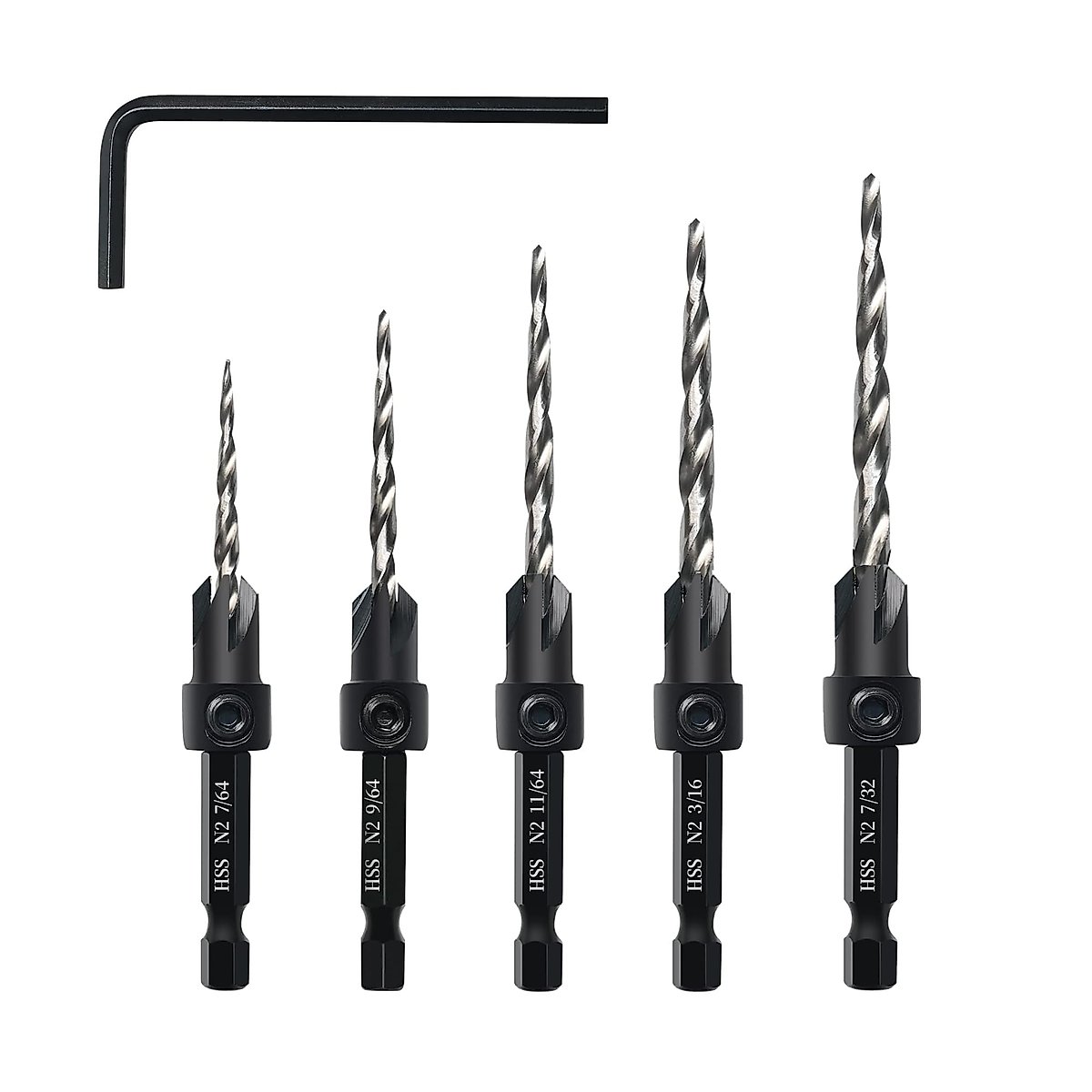 AIMLENTOOL Countersink Drill Bit Set, 5PCS Tapered Drill Bits, M2 Countersink Set with 1/4" Hex Shank Quick Change and 1 Allen Wrench for Woodworking, Pilot Screw Hole Set for Soft & Hard Wood
