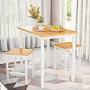 Recaceik 3 Piece Dining Table Set for 2, Space Saving Kitchen Table Set with 2 Stools, Metal Frame and MDF Board Dinette Table and Chairs, Dining Room Table Set for Kitchen, Small Space, Walnut