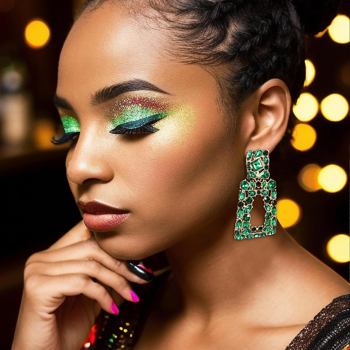 Flyonce Green Earrings for Women, Emerald Green Rhinestone Wedding Party Costume Statement Rectangle Dangle Geometric Earrings Gold-Tone
