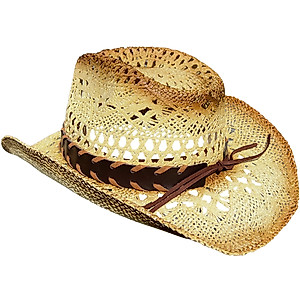 Western Outback Cowboy Hat Men's Women's Style Straw Felt Canvas (Western Blue Bead)