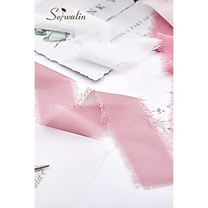 Serwalin Fringe Pink Chiffon Ribbon Silk Ribbon Set for Gift Wrapping 1.5" 6 Yd Fringe Frayed Edges Boho Wedding Ribbon Set for Bouquets Wrap,Wedding Invitations, Gifts Wrapping, Blush Pink