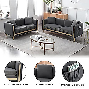 Homtique 2 Piece Sofas Set for Living Room, Modern Upholstered Sectional Loveseat and Sofa Set, Gold Metal Legs, 4 Pillows Included, Velvet Sofa Couch Furniture for Bedroom, Apartment, Office (Grey)
