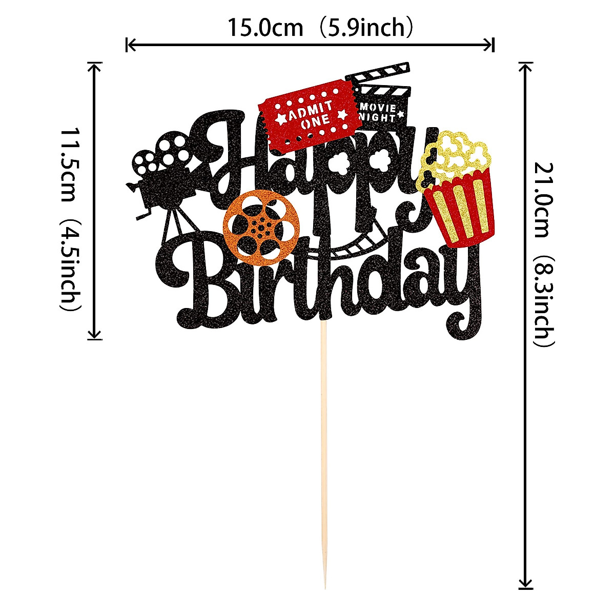 1 PCS Movie Night Cake Topper Happy Birthday Sign Cake Pick Decorations for Theater Video Recorder Roll Camera Popcorn Hollywood Theme Family Film Baby Shower Birthday Party Supplies