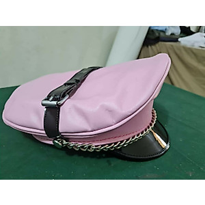 Real Leather Pink Leather Biker Peaked Muir Army Police Gay Chain Cap Party Hat, 7 1/4