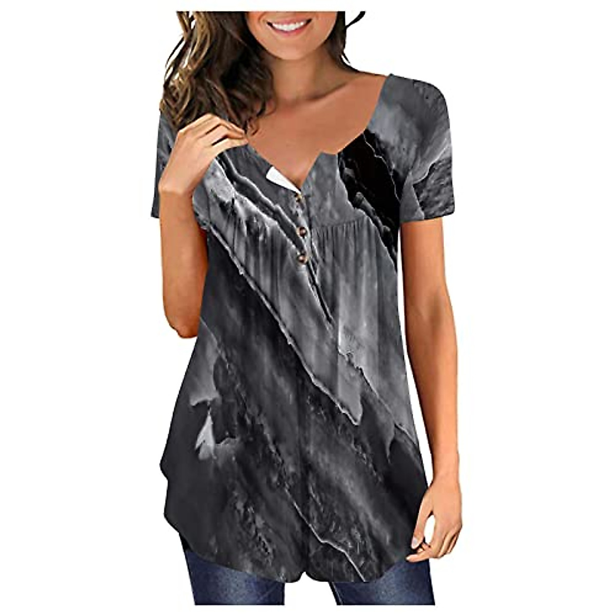 Tuianres Summer Shirts for Women 2023 Loose Fit Tunic Marble Print Short Sleeve Pleated Hide Belly Button T-Shirt Blouse