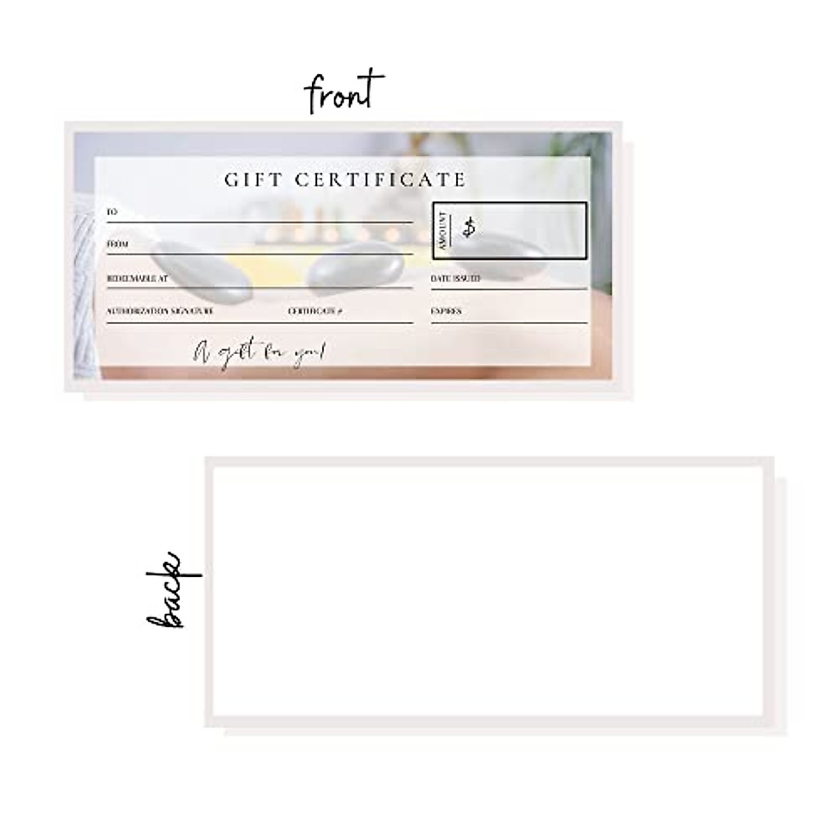 Blank Gift Certificates | 30 Pack | 3.75 x 8.25" inch Size Gift Card | Massage Therapy Supplies | Spa Supplies | Small Business Gift Certificate | Massage Therapy Hot Stone Design