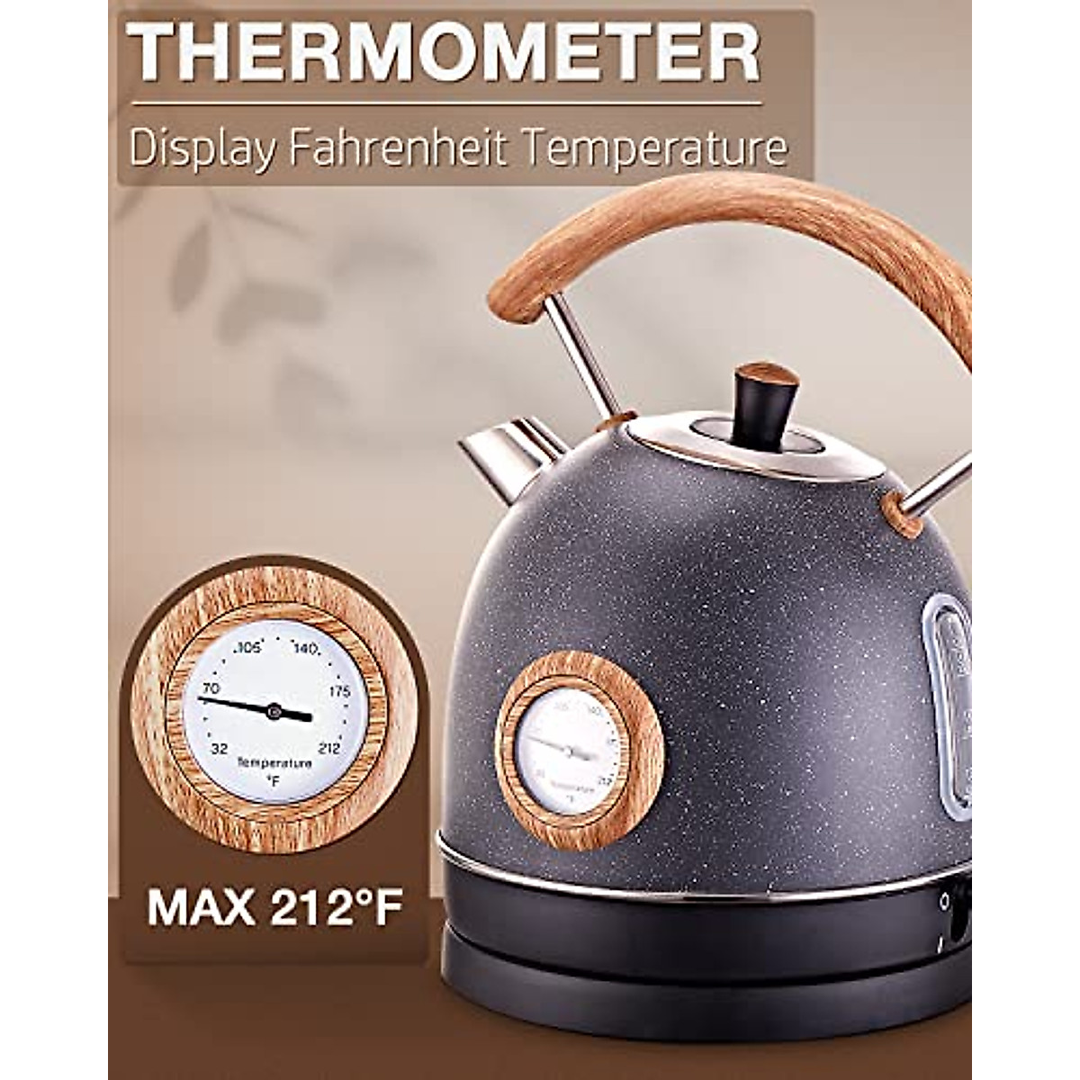 Electric Kettle - 1.7L Retro Tea Kettles for Boiling Water, Nature Stone Finish SMOLON Hot Water Boiler Teapot with Wood Pattern Handle, Food Grade Stainless Steel, Temperature Control, Auto Shut-off