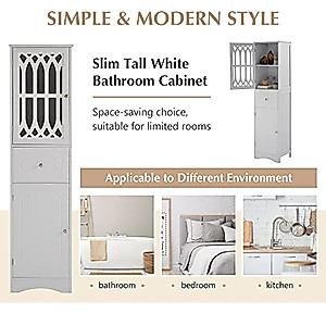 Merax Freestanding Linen Tower Bathroom Storage Cabinet with Adjustable Shelf, Drawer and 2 Doors, Tall Slim, 16.5" L x 14.2''W x 63.8''H, White