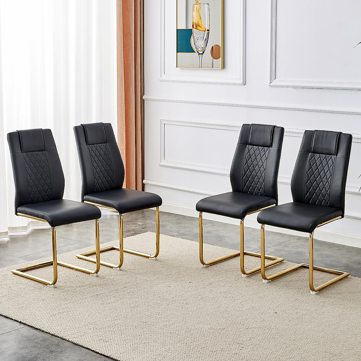 Modern Dining Chairs Set of 4, PU Leather Dining Chairs High Back Upholstered Chairs Ergonomics Dining Chairs with Gold Metal Leg for Kitchens,Living Rooms,Bedrooms,Offices (Black)