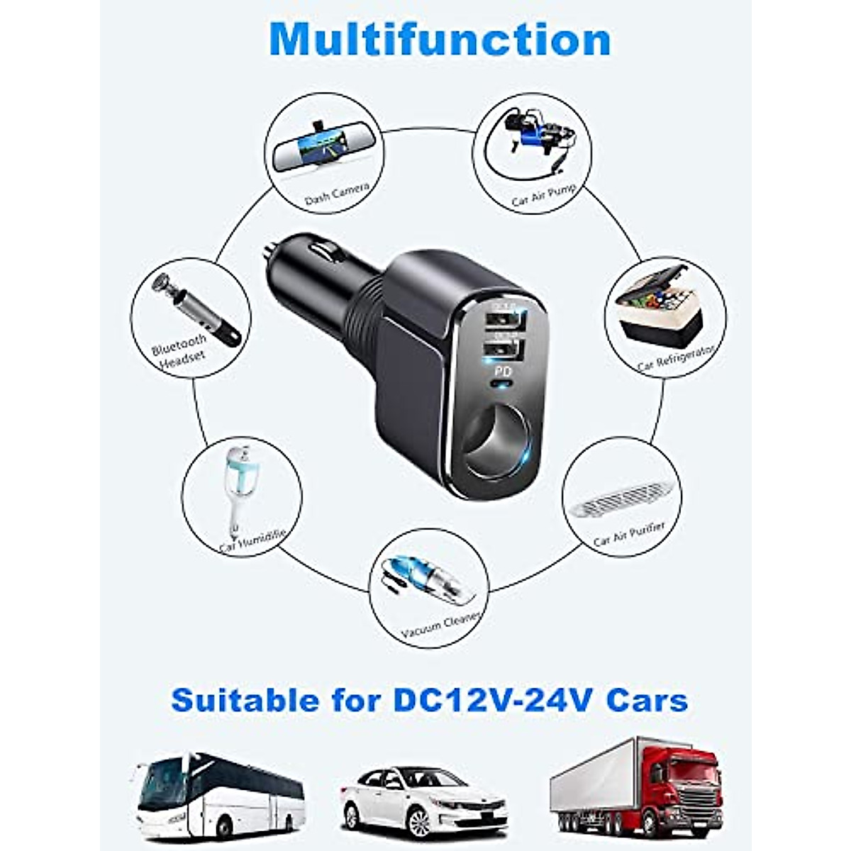 Cigarette Lighter Splitter Adapter, 210W 4 in 1 Cigarette Lighter USB Charger [PD3.0& DualQC3.0] Multi Port & Socket, 12V/24V Dual USB Type C Fast Car Charger Adapter for iPhone 14,Samsung,iPad