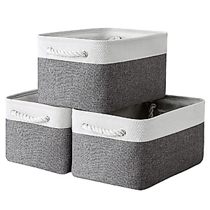 Sacyic Large Storage Baskets for Shelves, Fabric Baskets for Organizing, Collapsible Storage Bins for Closet, Nursery, Clothes, Toys, Home & Office [3-Pack, White&Grey]
