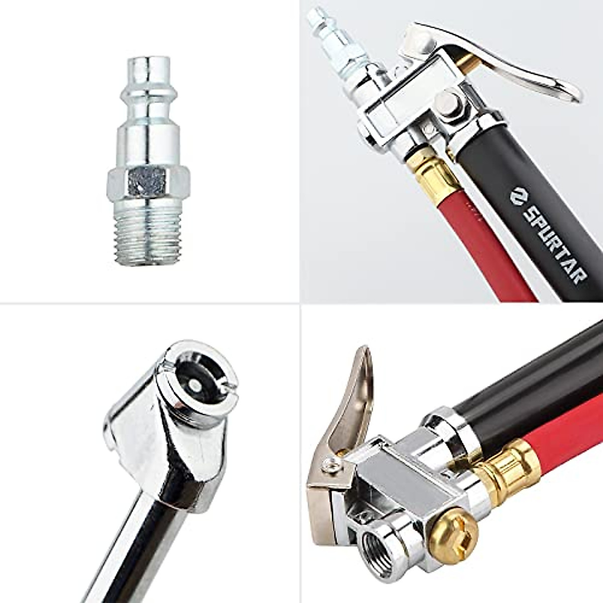 Spurtar 10-120 PSI Heavy Duty Tire Inflator Gauge Air Chuck with Pressure Gauge with 4 Way Tool and Valve Cores Tire Pressure Gauge with Inflator 12" Air Hose for Car Automotive Truck