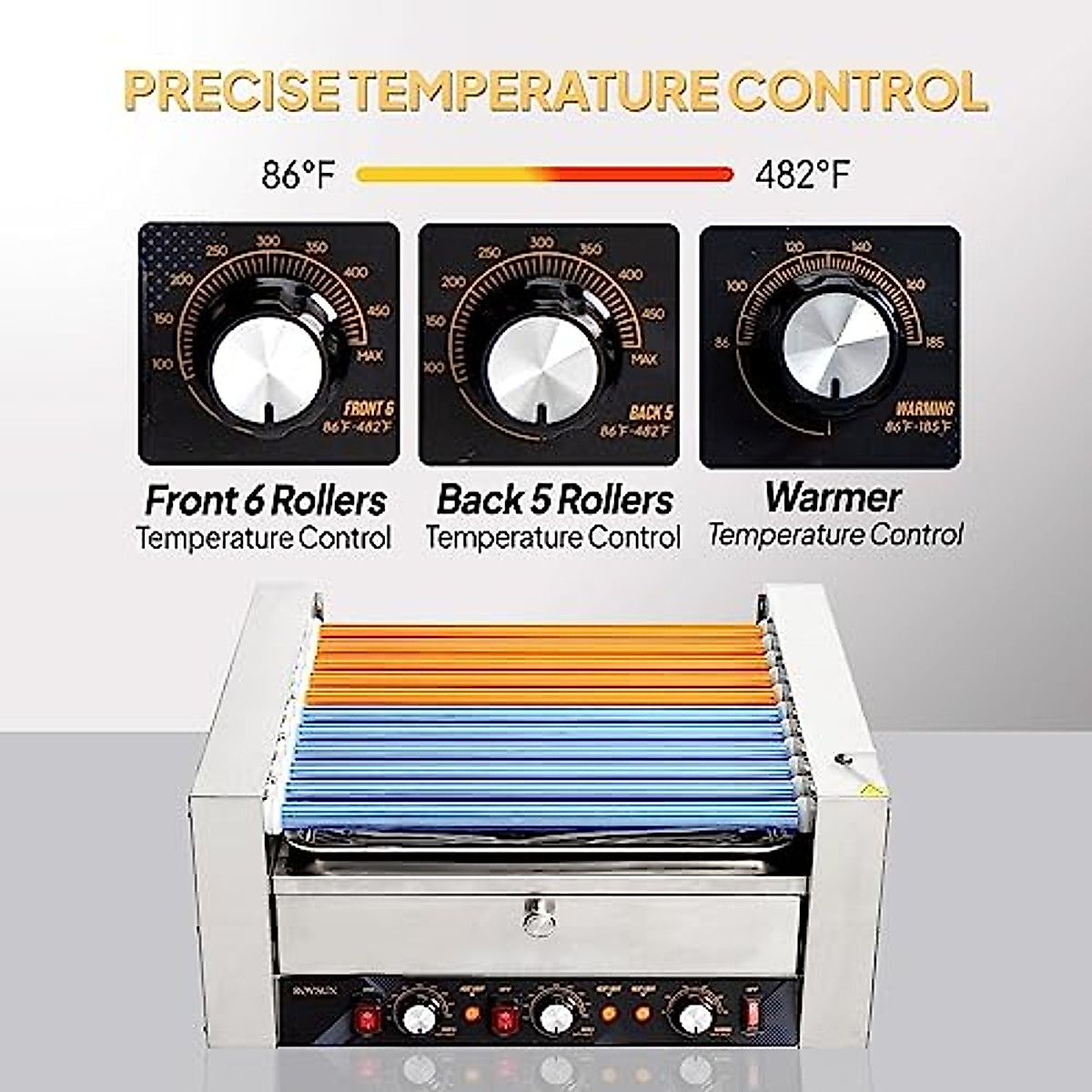 ROVSUN Hot Dog Roller Warmer 2000W, 11 Rollers 30 Hot Dog Roller Grill Cooker Machine w/Bun Warmer, Cover, Dual Temp Control, LED Light, Removable Shelf & Drip Tray for Party Home Commercial