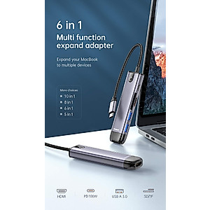 Mcdodo USB C Hub Adapter, 6 in 1 Type C Hub with 4K USB C to HDMI, 2 USB 3.0 Ports, SD/TF Card Reader, 100W USB C PD Charging Thunderbolt 3, Compatible with MacBook Pro Air, Chromebook Pixel, Phone