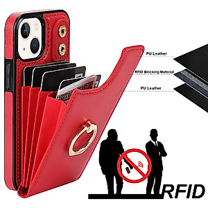Folosu Compatible with iPhone 13 Mini Case Wallet with Card Holder, 360°Rotation Finger Ring Holder Kickstand Protective RFID Blocking PU Leather Double Buttons Flip Shockproof Cover 5.4 Inch Red