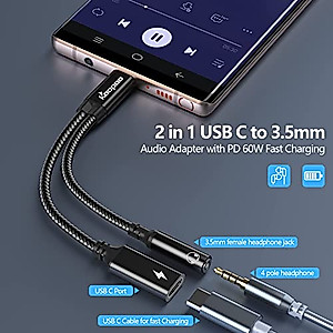 2 in 1 USB C to 3.5mm Headphone and Charger Adapter-USB C to 3.5 Headphone Jack Adapter,KOOPAO USB C PD 3.0 Quick Charging Port 60W Fast Charge Cable compatible for samsung Galaxy S23 S23+ S23 Ultra