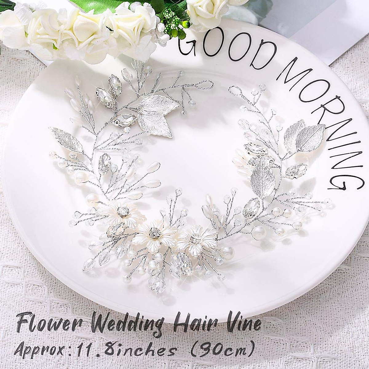 Unicra Bride Flower Wedding Hair Vine Leaf Silver Bridal Hair Piece Pearls Hair Accessories for Women and Girls