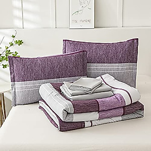 FLYMME Striped Patchwork Bed in a Bag 7 Pieces,Purple White Grey Stripe Pattern Full Size Comforter Set with Sheets, Soft Lightweight Bedding Sets Collections for All Season (Purple 80''x 90'')