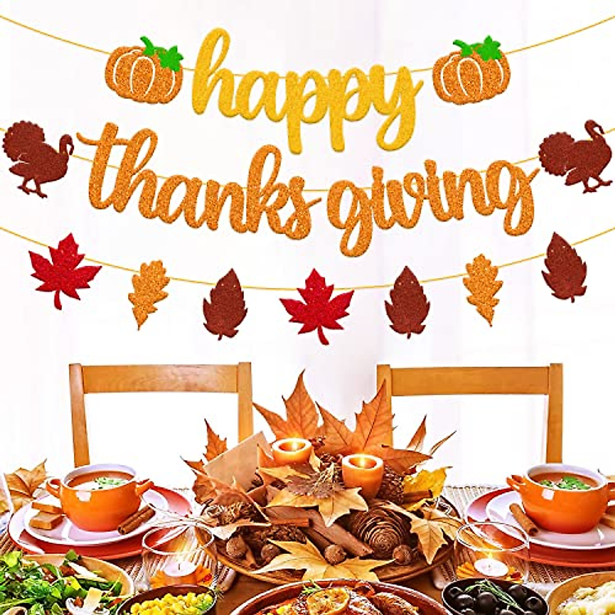 Happy Thanks Giving Banner Fall Leaves Garland Thanksgiving Day Autumn Turkey Theme for Happy Thanksgiving Party Glitter Gold Decoration