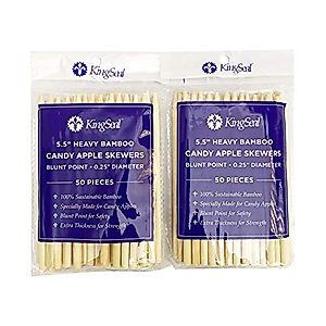 KingSeal Natural Bamboo Wood Candy Apple Skewers, Sticks, 5.5 Inch x 6.5mm diameter, Blunt Point for Safety, Retail Pack - 2 Packs of 50 (100 Count)