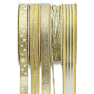 5 Rolls 27 Yards Gold Ribbon, Ribbon for Gift Wrapping, Crafts Fabric for Gift Ribbon, Glitter Ribbon for Wrapping Decoration Wedding Birthday Holiday Gift Wrapping Party