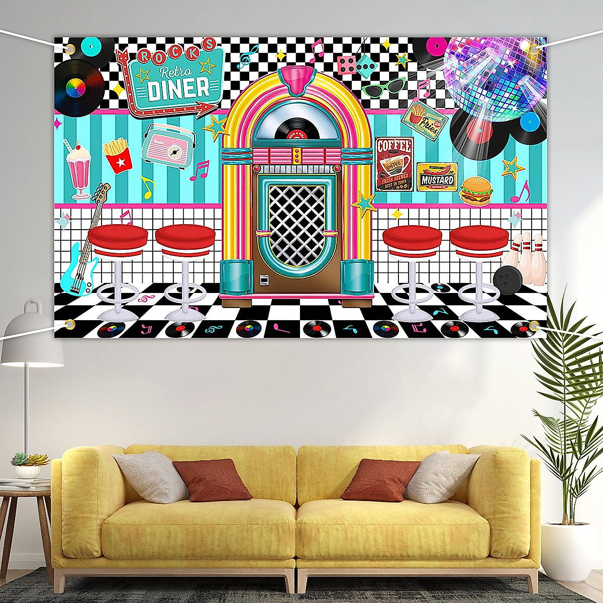 Avezano 50s Retro Diner Party Backdrop 50s Retro Rock and Roll Diner Classic Party Decoration Banner 1950s Sock Hop Party Decor 70.8 x 43.3 Inch