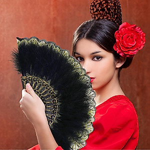 2 Pieces Feather Hand Fan Embroidered Flower Marabou Feather Fan 1920s Feather Fan Hand Fan Folding Hand Fan Drag Queen Fan for 20s Women Costume Party Dancing Photoshoot Wedding Decor (Black)