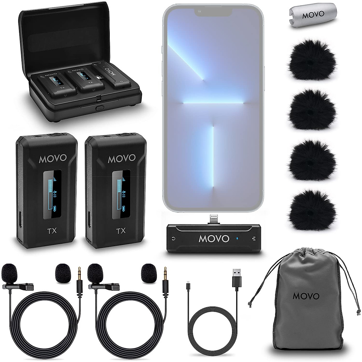 Movo WMX-2-L-DUO Wireless Microphone for iPhone with Charging Case, Lightning Connector, 328ft Range, 7hr Battery Life