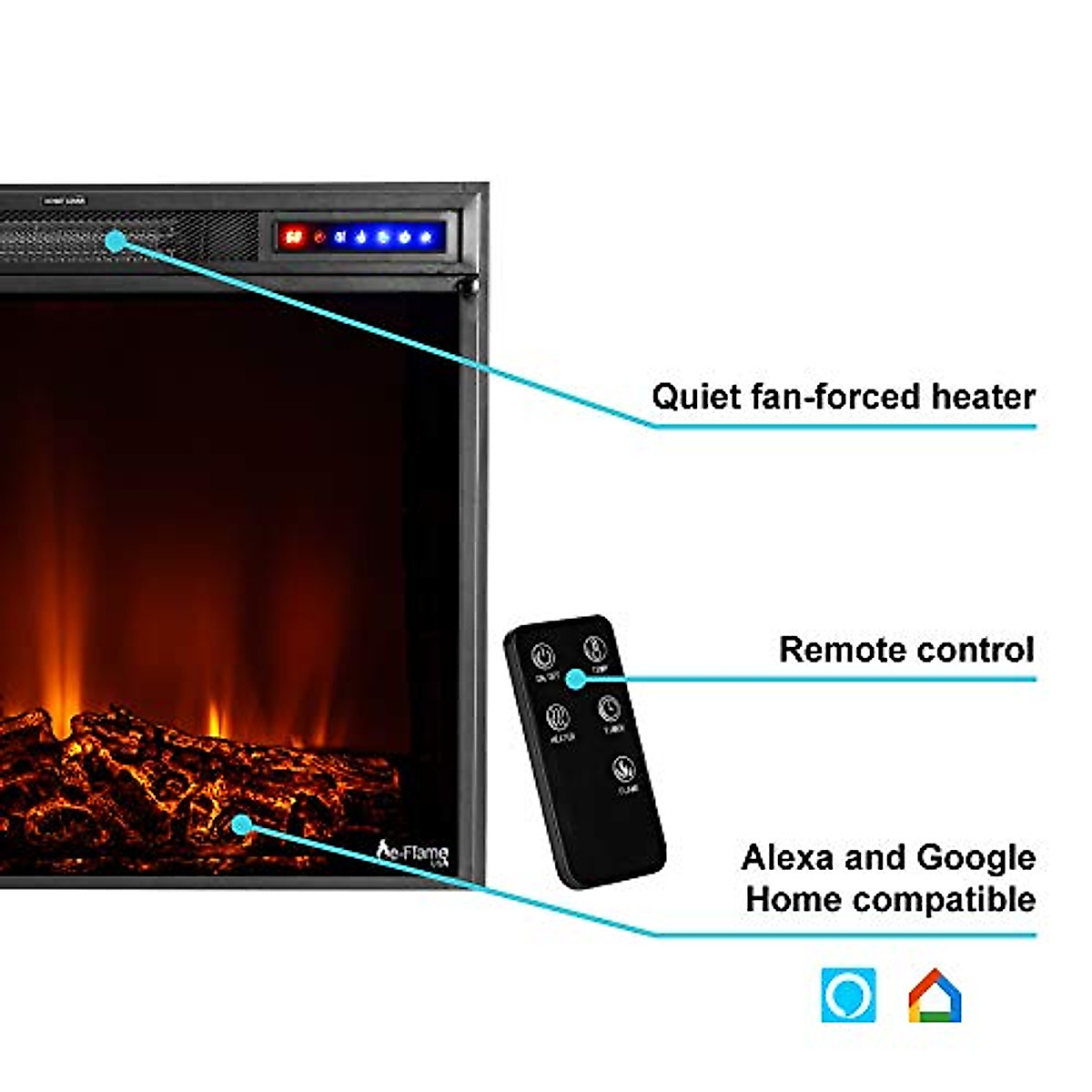 e-Flame USA Whistler LED Recessed Electric Fireplace Stove Insert with Remote - 3D Wood Burning Flame Effect - 28"x24" (Black)